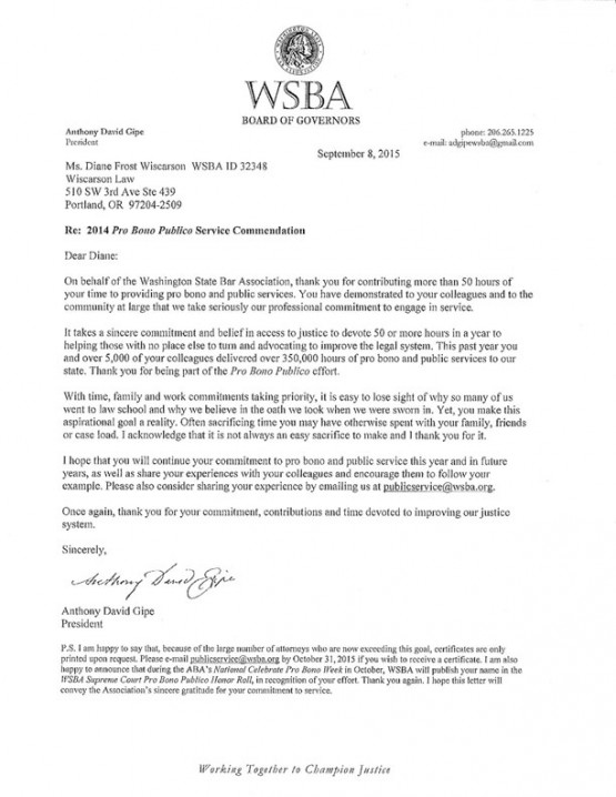 2014 Pro Bono Publico Service Commendation